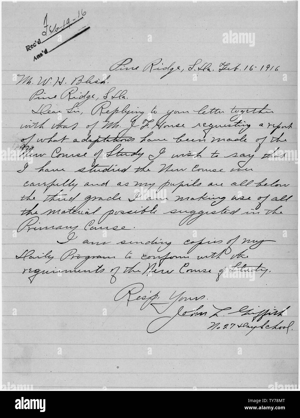 John L. Griffith, Day School Number 27, to W.H. Blish Stock Photo - Alamy