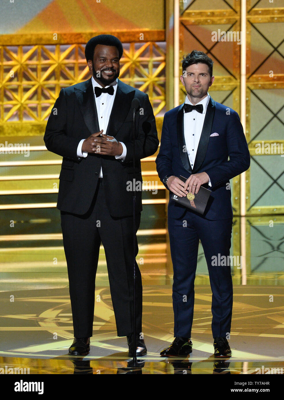 Actors Craig Robinson and Adam Scott onstage during the 69th annual Primetime Emmy Awards at ...