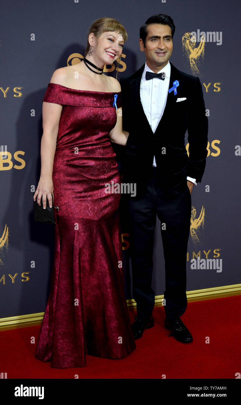 Actors Emily V. Gordon (L) and Kumail Nanjiani arrive for the 69th ...