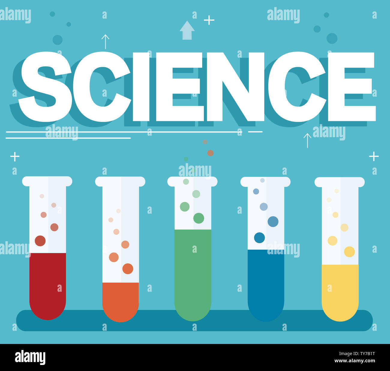 science text and colorful laboratory filled with a clear liquid and ...