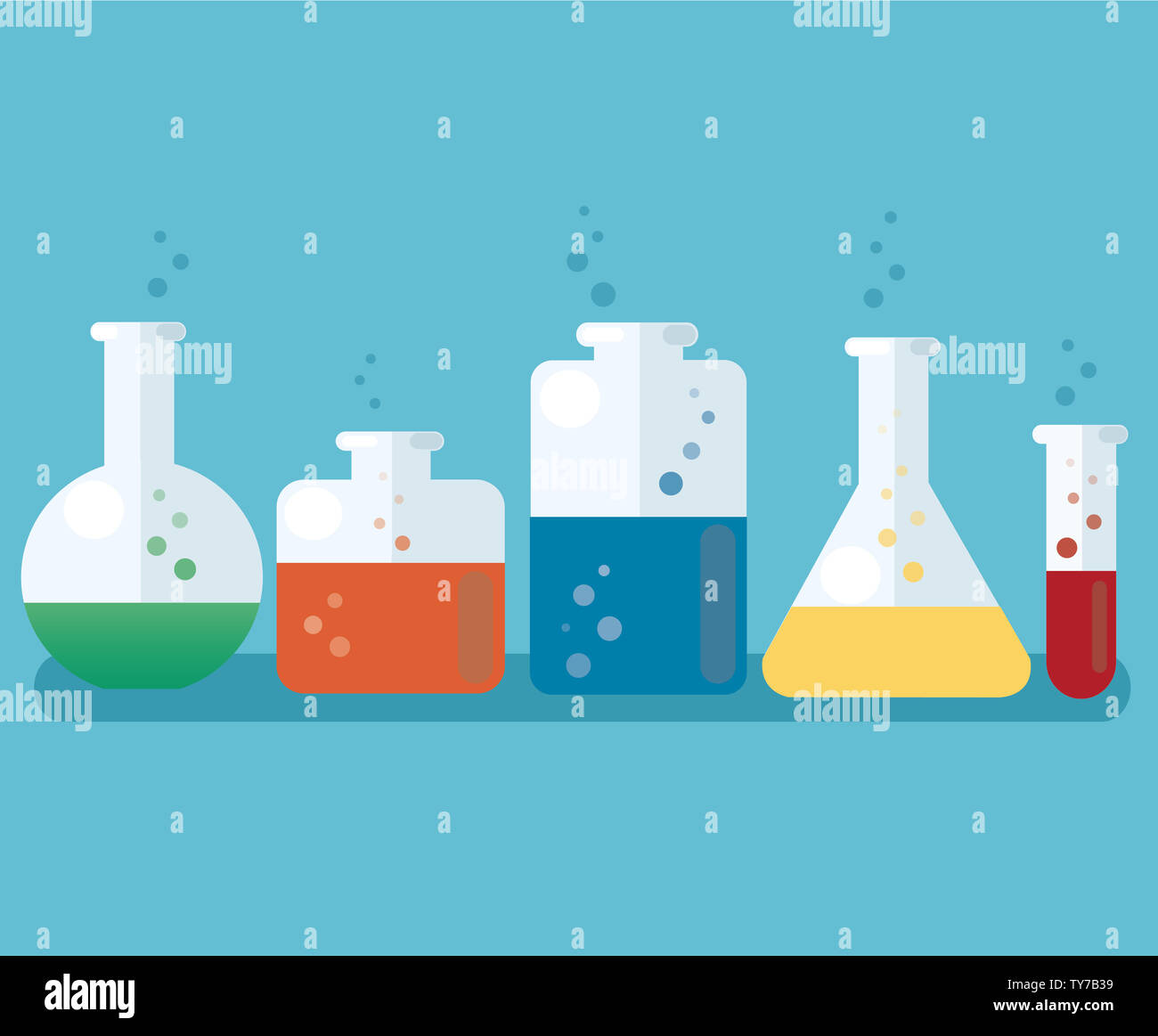colorful laboratory filled with a clear liquid and blue background ...