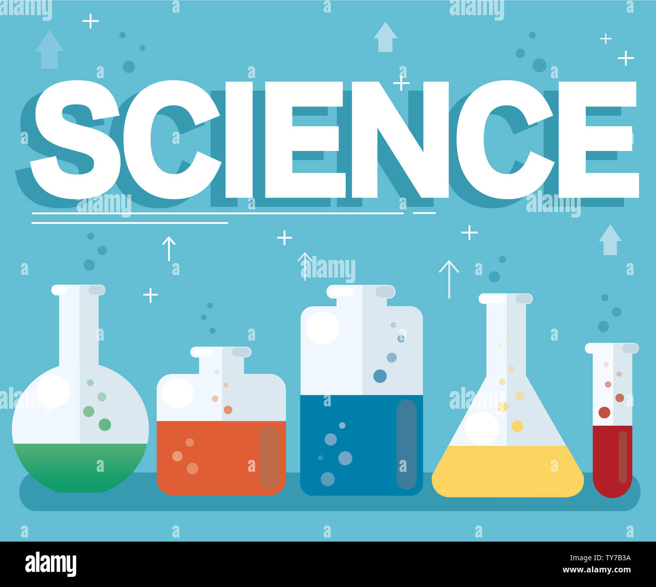 science text and colorful laboratory filled with a clear liquid and ...