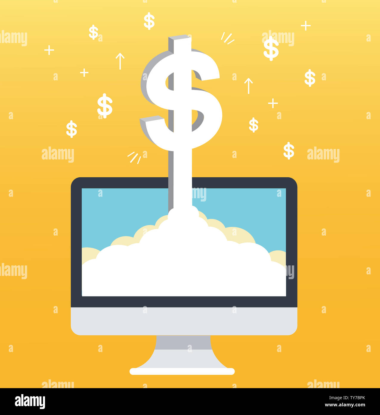 dollar pop up on screen computer and yellow background, successful ...
