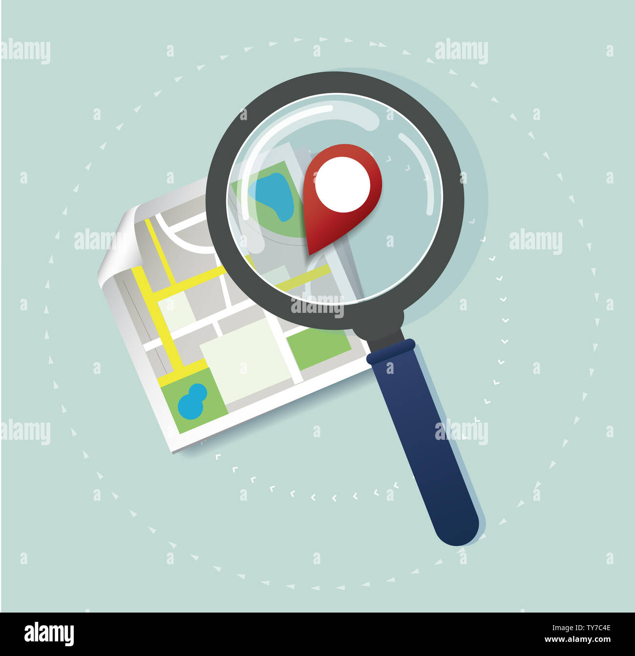 the magnifying glass and pin location icon and map Stock Photo - Alamy