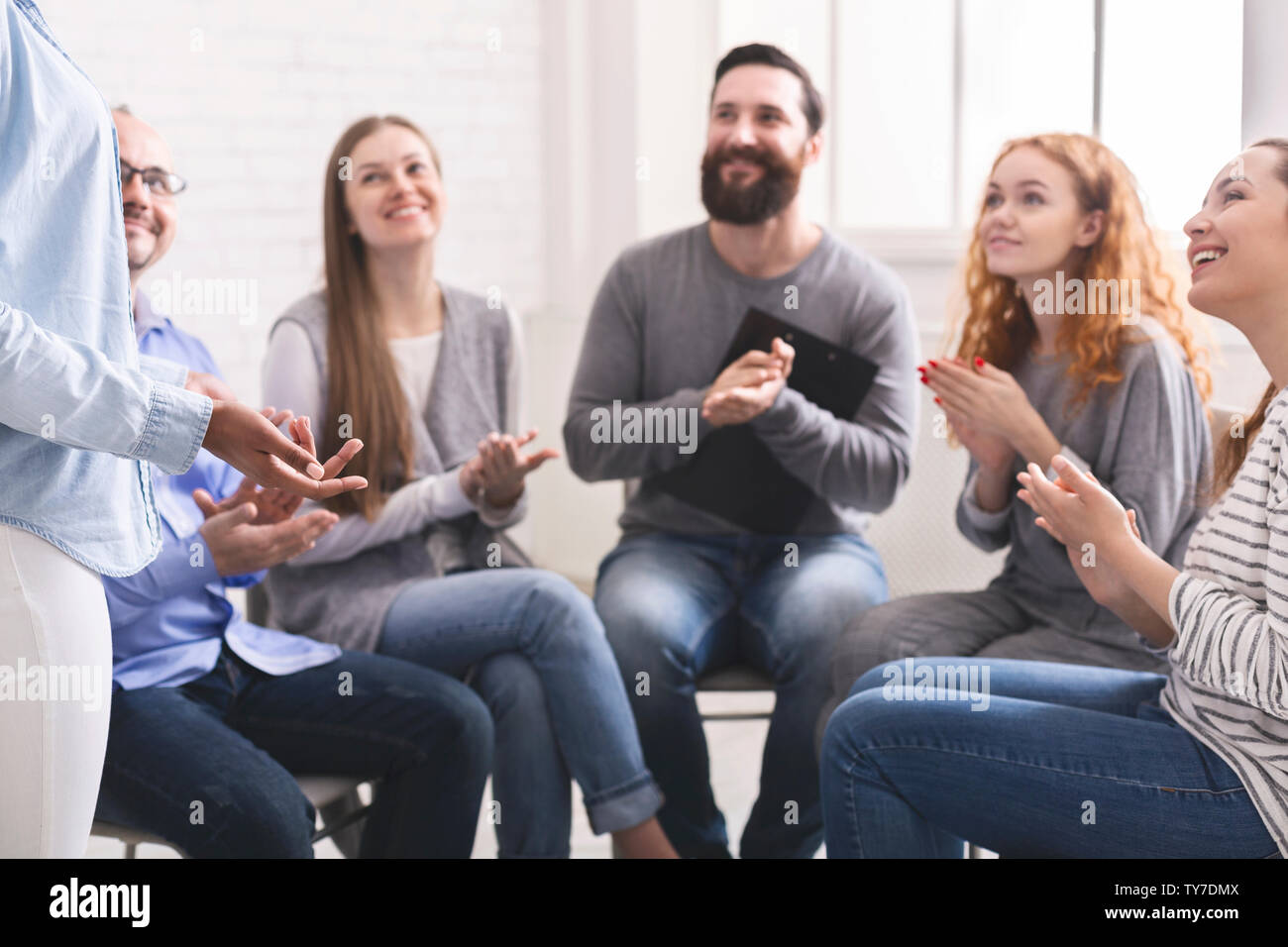 Young addicted people celebrating confession and progress Stock Photo ...