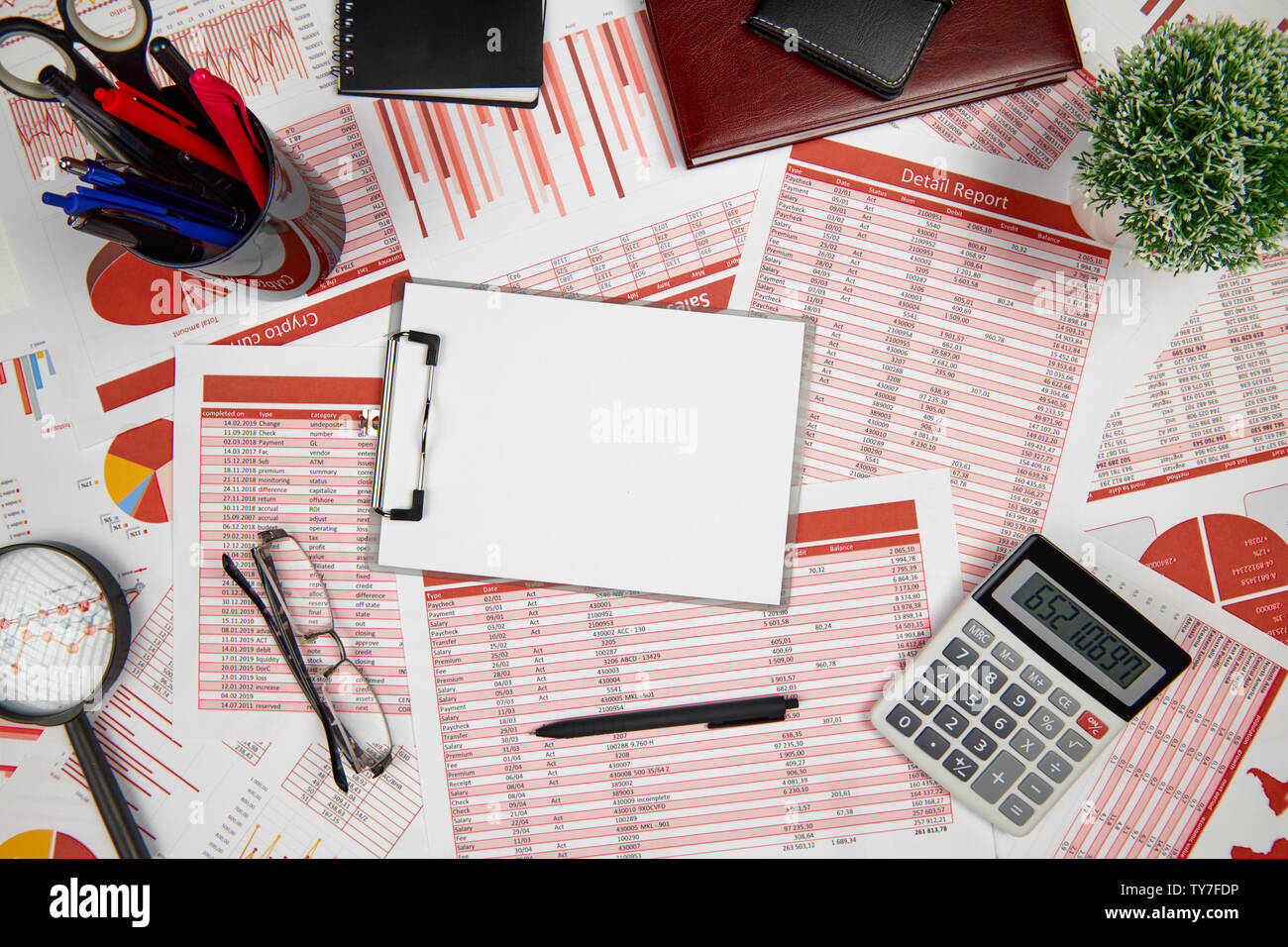 Business reports, blank paper sheet, data tables and charts - directly ...