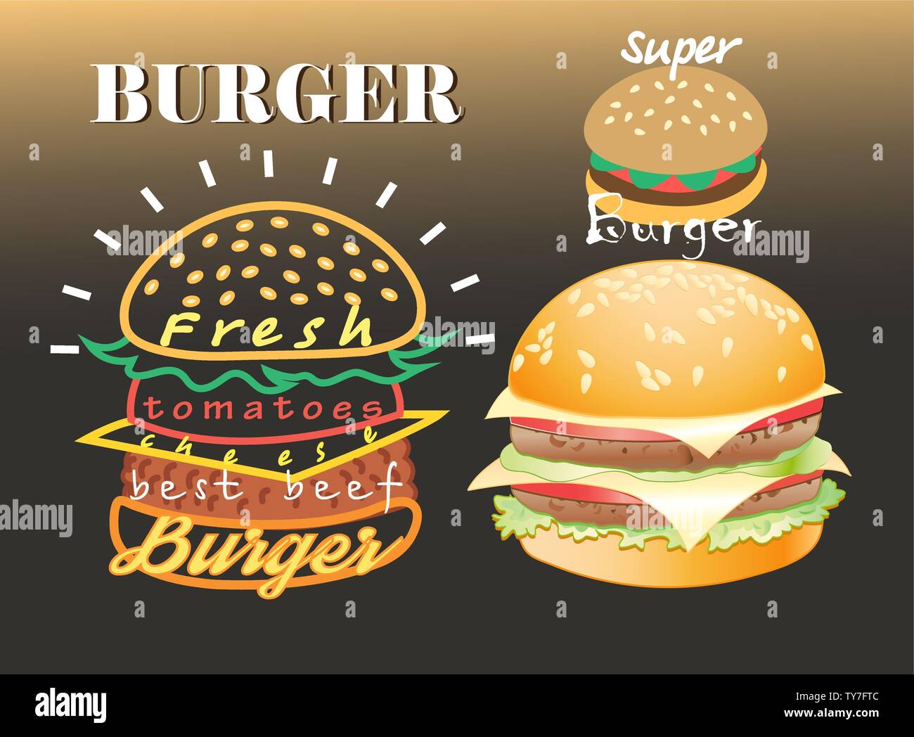 Set of vector different super burgers on a dark Phoneso lettering. An ...