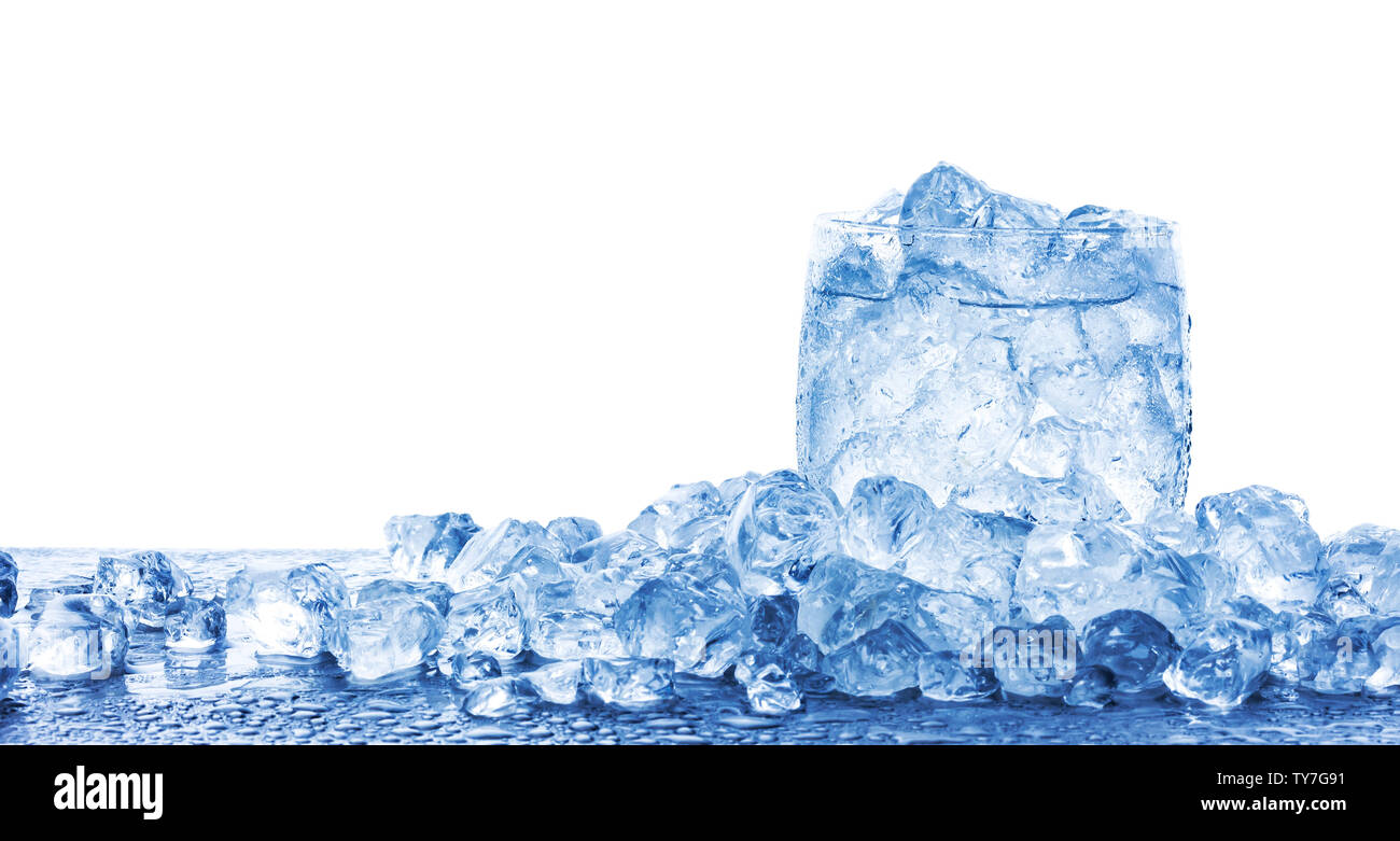 Water with crushed ice cubes in glass isolated on white background ...