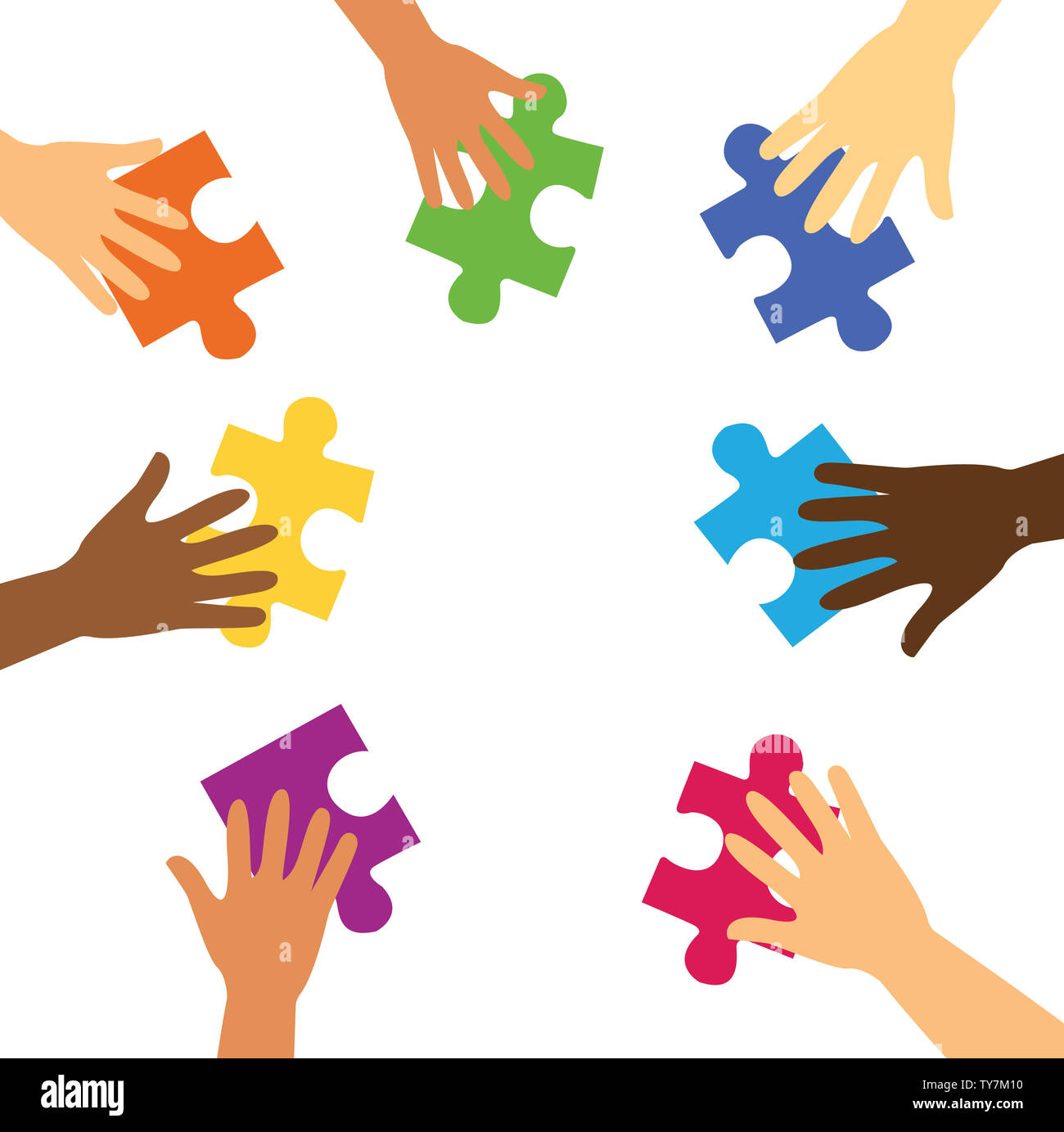 many hands holding colorful puzzle pieces background Stock Photo - Alamy