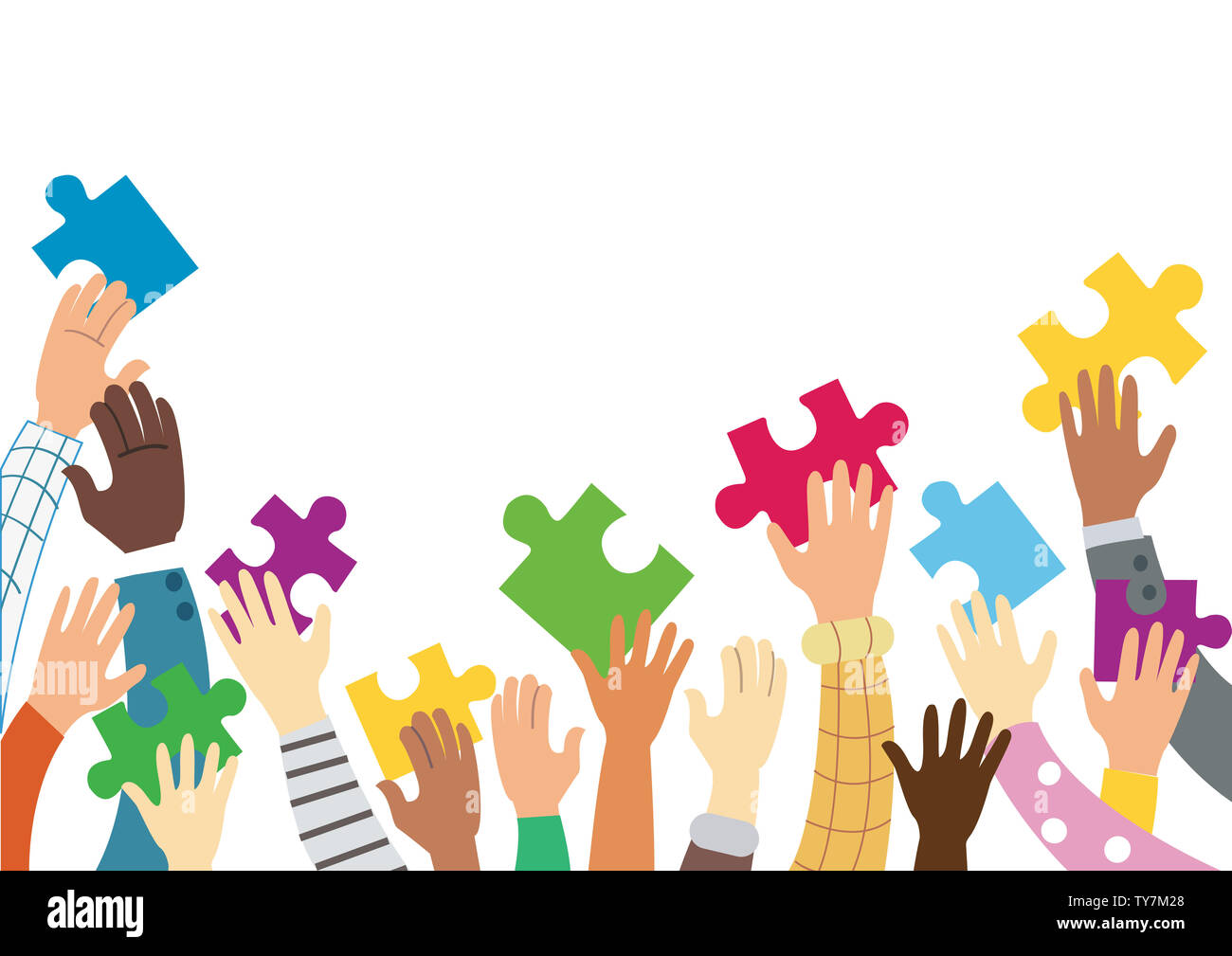 many hands holding colorful puzzle pieces background Stock Photo - Alamy