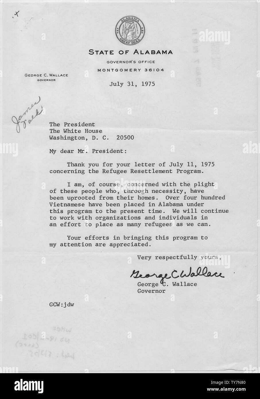 Letter from George C. Wallace, Governor of the State of Alabama, to ...