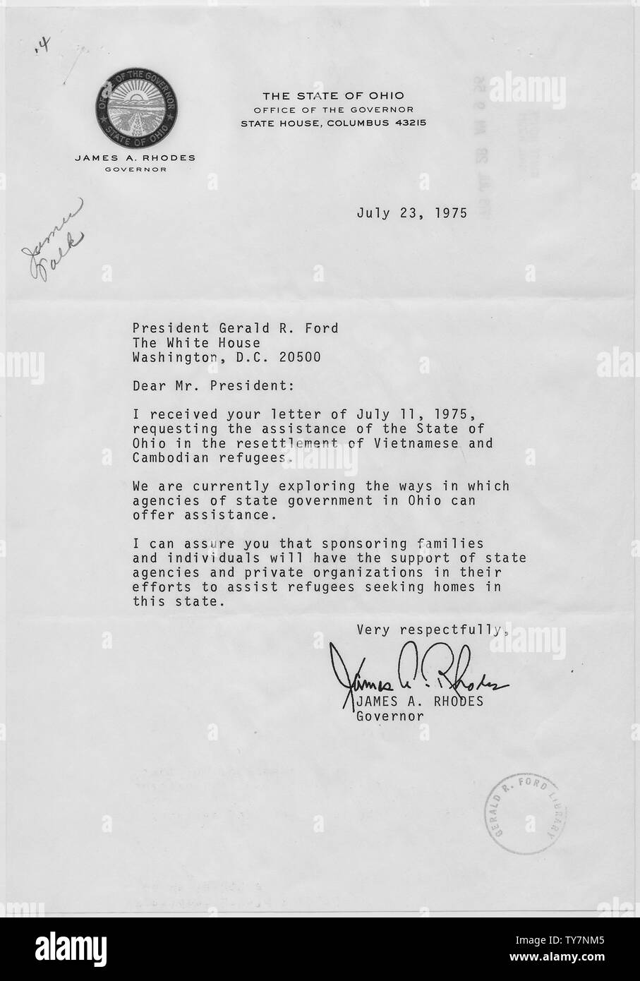 Letter from James A. Rhodes, Governor of Ohio, to President Gerald R ...