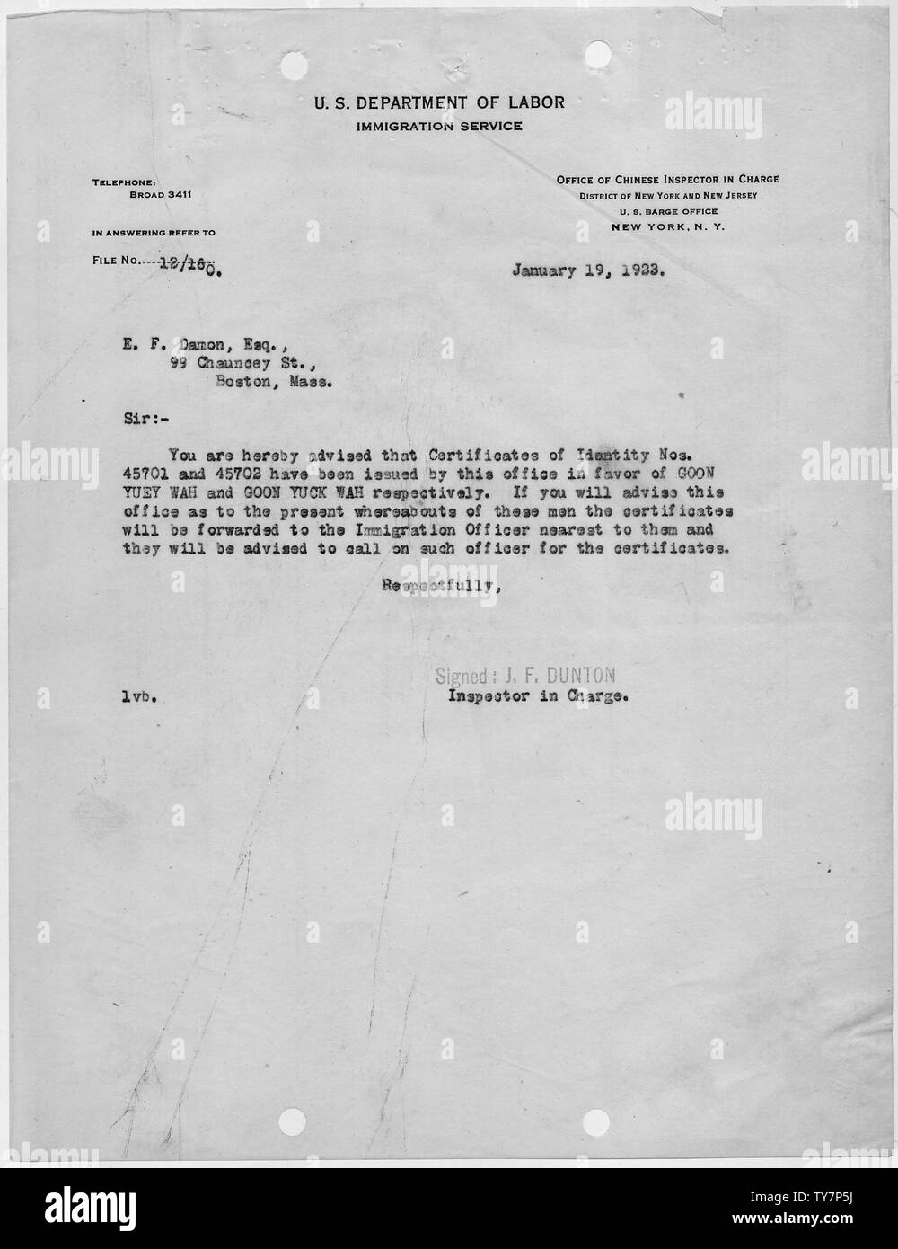 Letter from New York City Chinese Inspector in Charge concerning ...