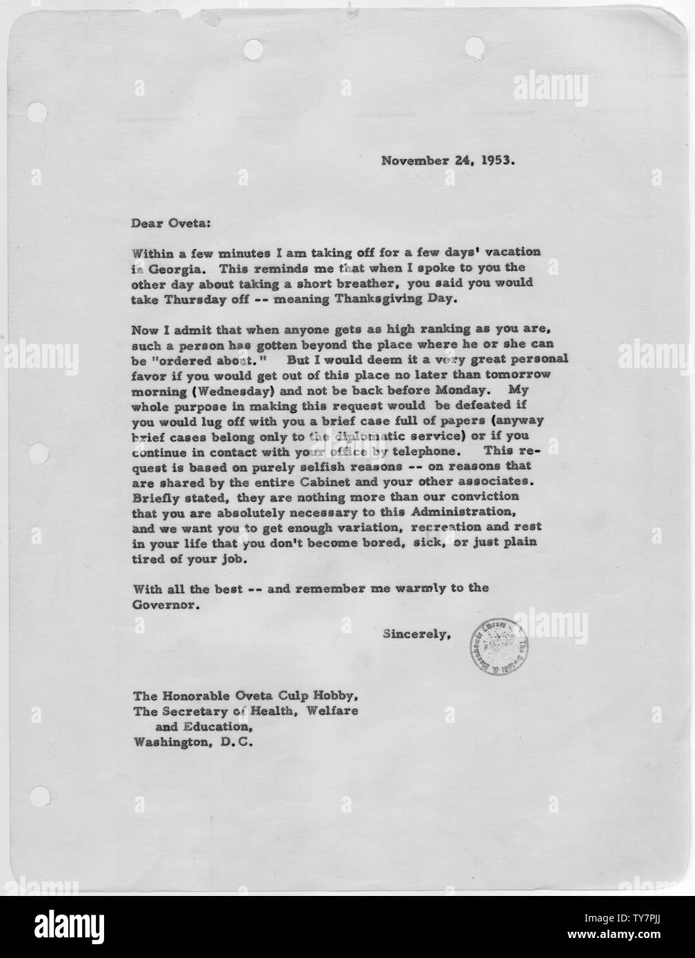 Letter from President Eisenhower to Oveta Culp Hobby; Scope and content ...