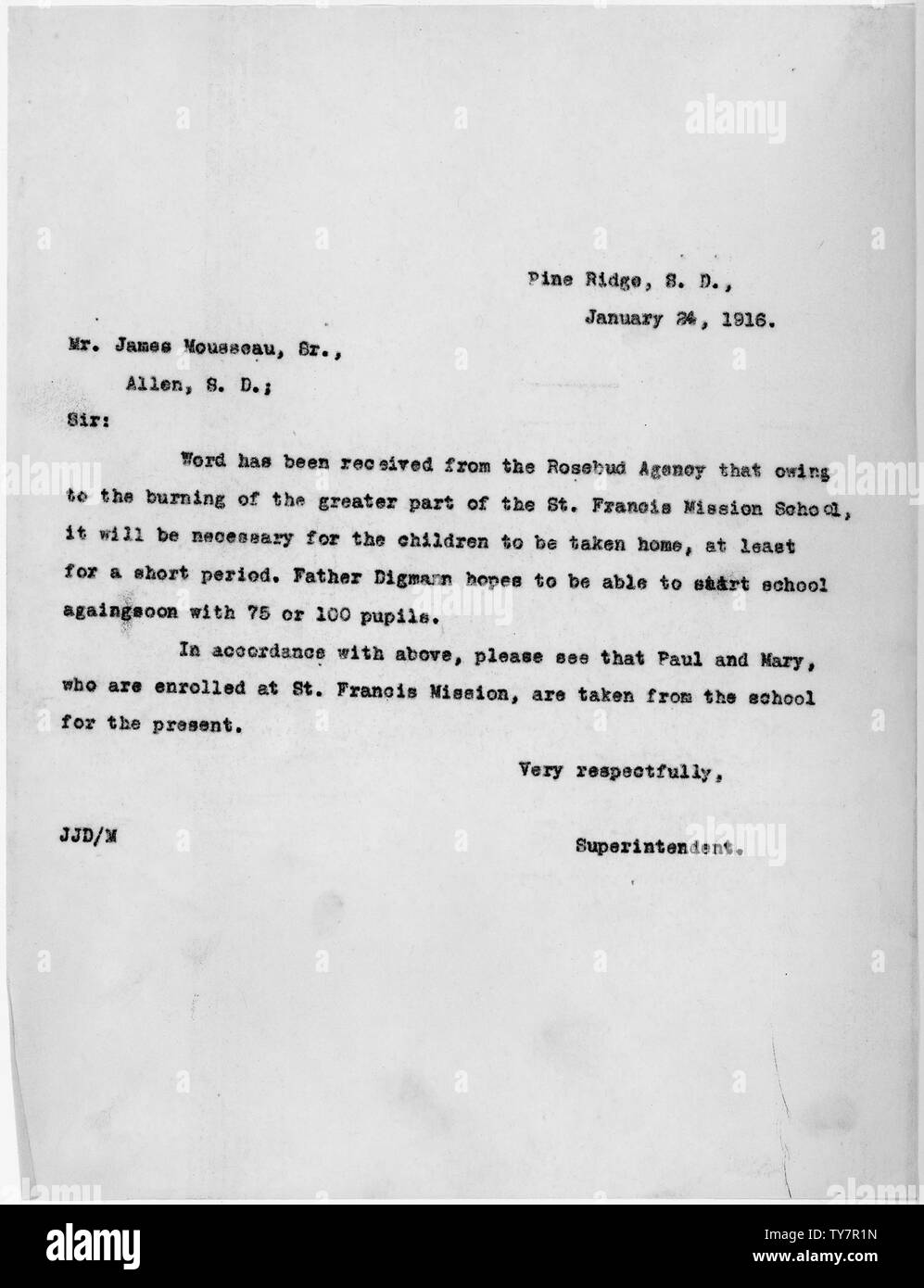 Letter from Superintendent to James Mousseau, Sr Stock Photo - Alamy