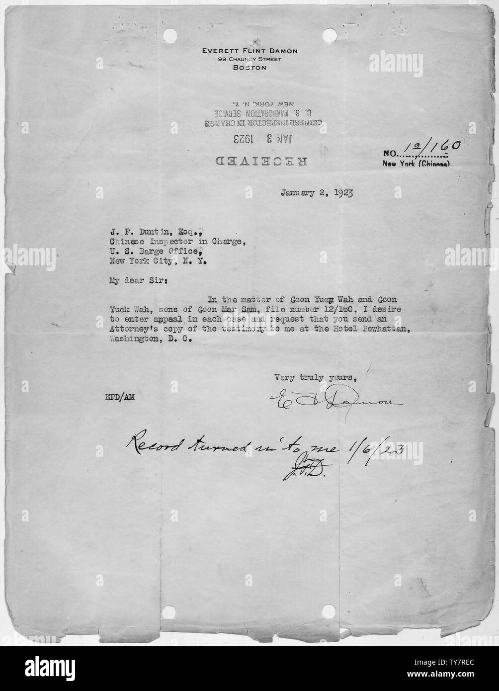 Letter from a Boston attorney requesting an alleal in the cases of Goon ...