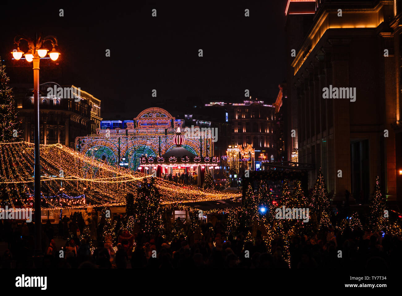 Festive Christmas illumination and decorations on streets of Moscow ...