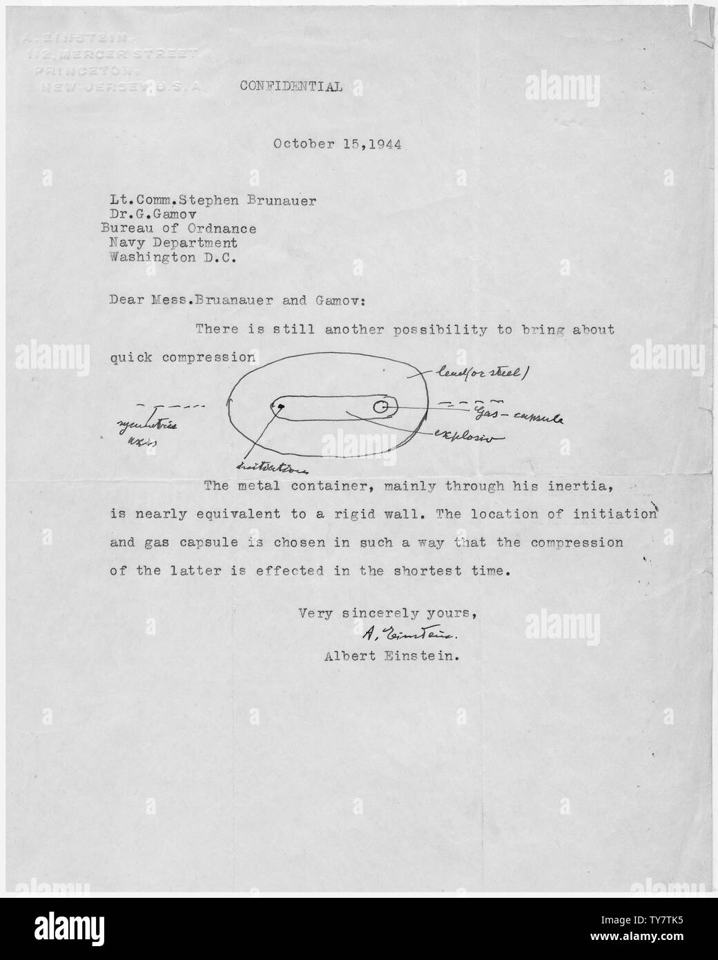 Letter of Albert Einstein to the Lieutenant Stephen Brunauer, U.S. Navy ...