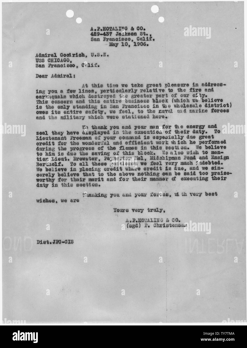 Letter of Appreciation from A.P. Hotaling & Co. to Admiral Goodrich for ...