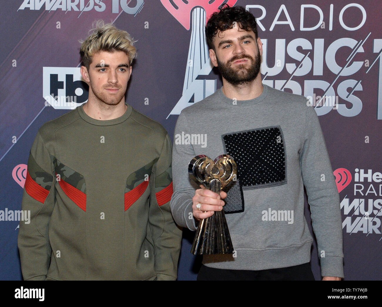 Andrew Taggart (L) and Alex Pall of The Chainsmokers, winners of Best ...