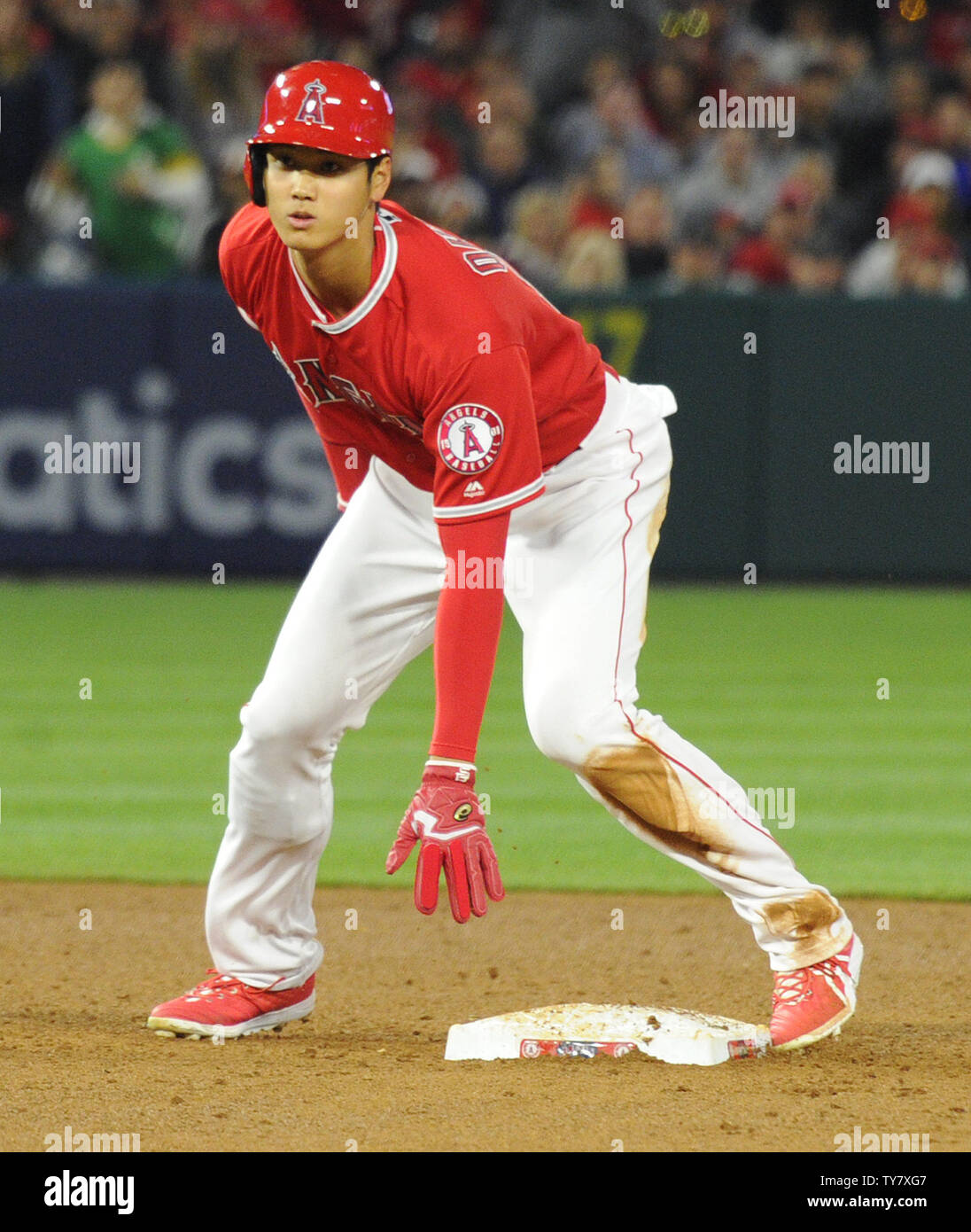 Los Angeles Angels Shohei Ohtani is out at 2nd base in the 5th inning against the Oakland ...