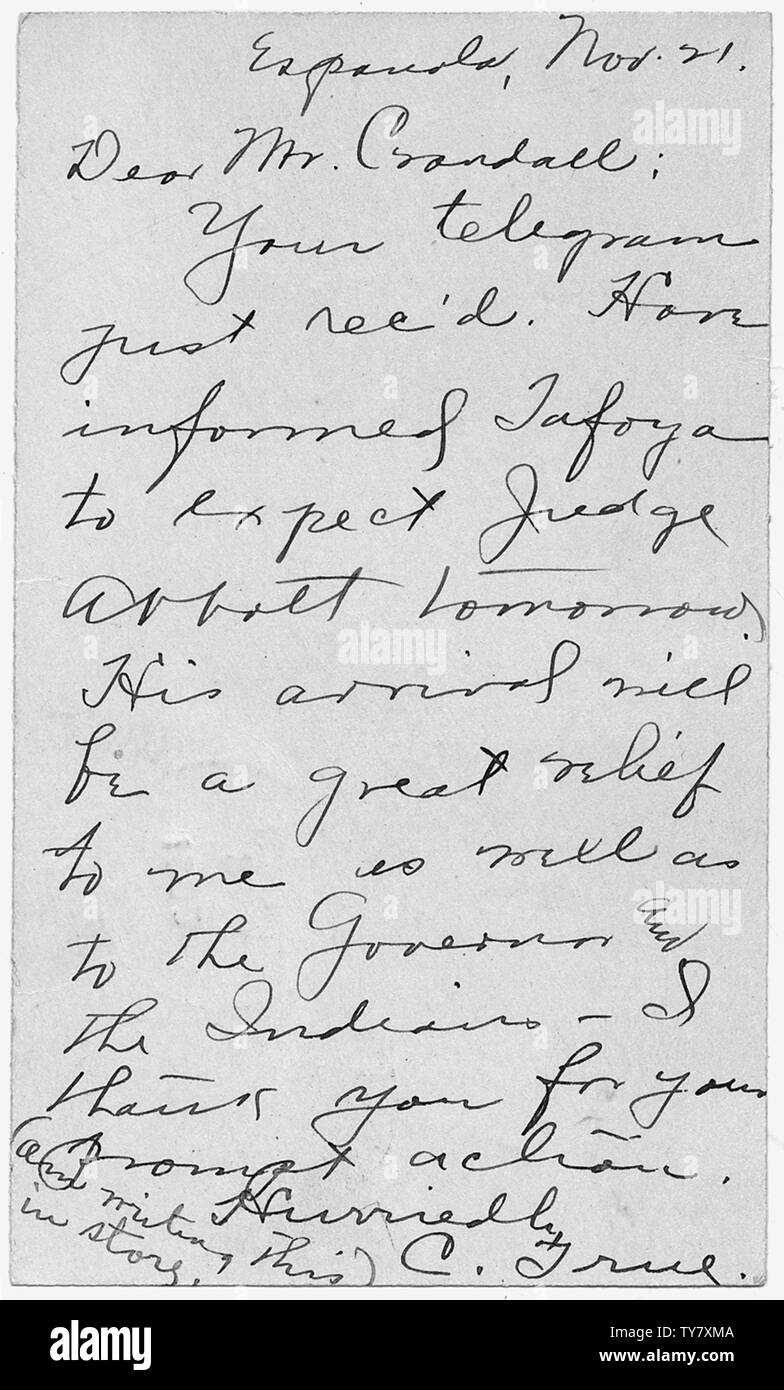 Letter to Superintendent acknowledging telegram concerning arrival of ...