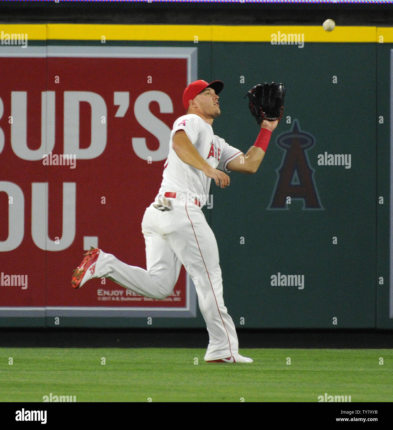 Los Angeles Angels Mike Trout catches a fly ball in the 2nd inning ...