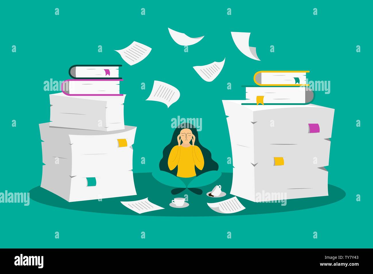Young woman sits between the pile of papers and is overloaded with a ...