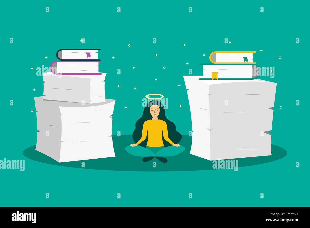 Young woman meditates between piles of paper. Information overload ...