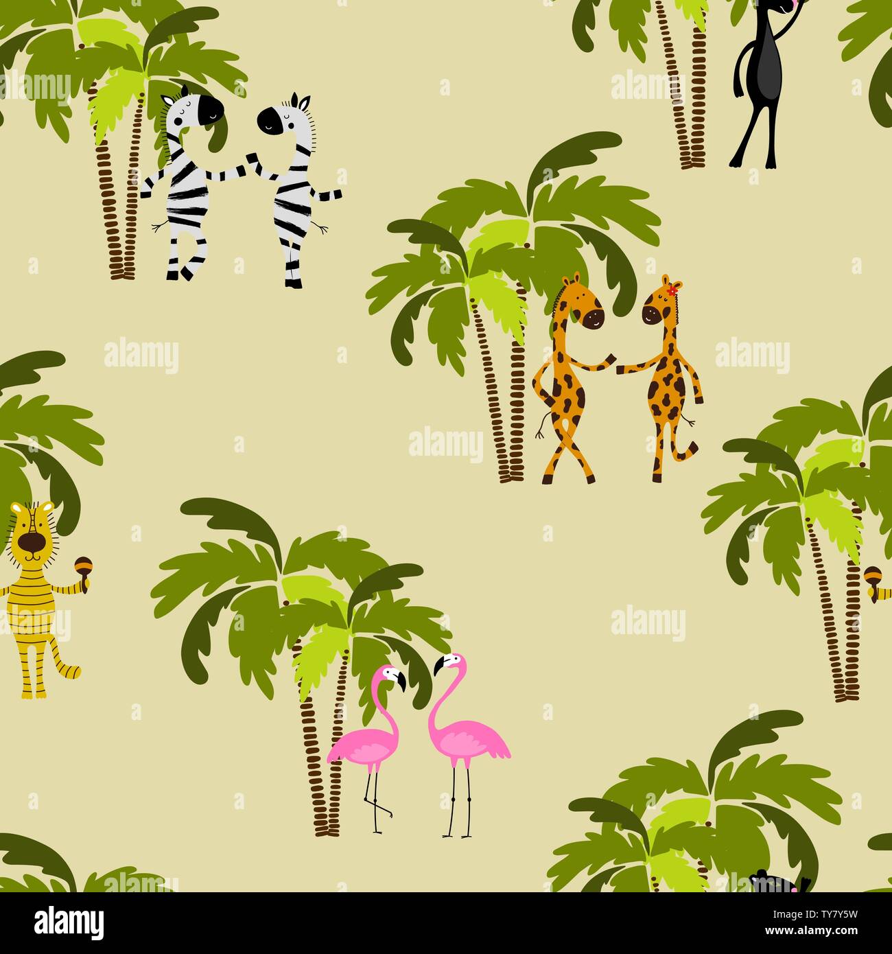 Seamless pattern with flamingo, giraffe, zebra, tiger, panther and palm ...