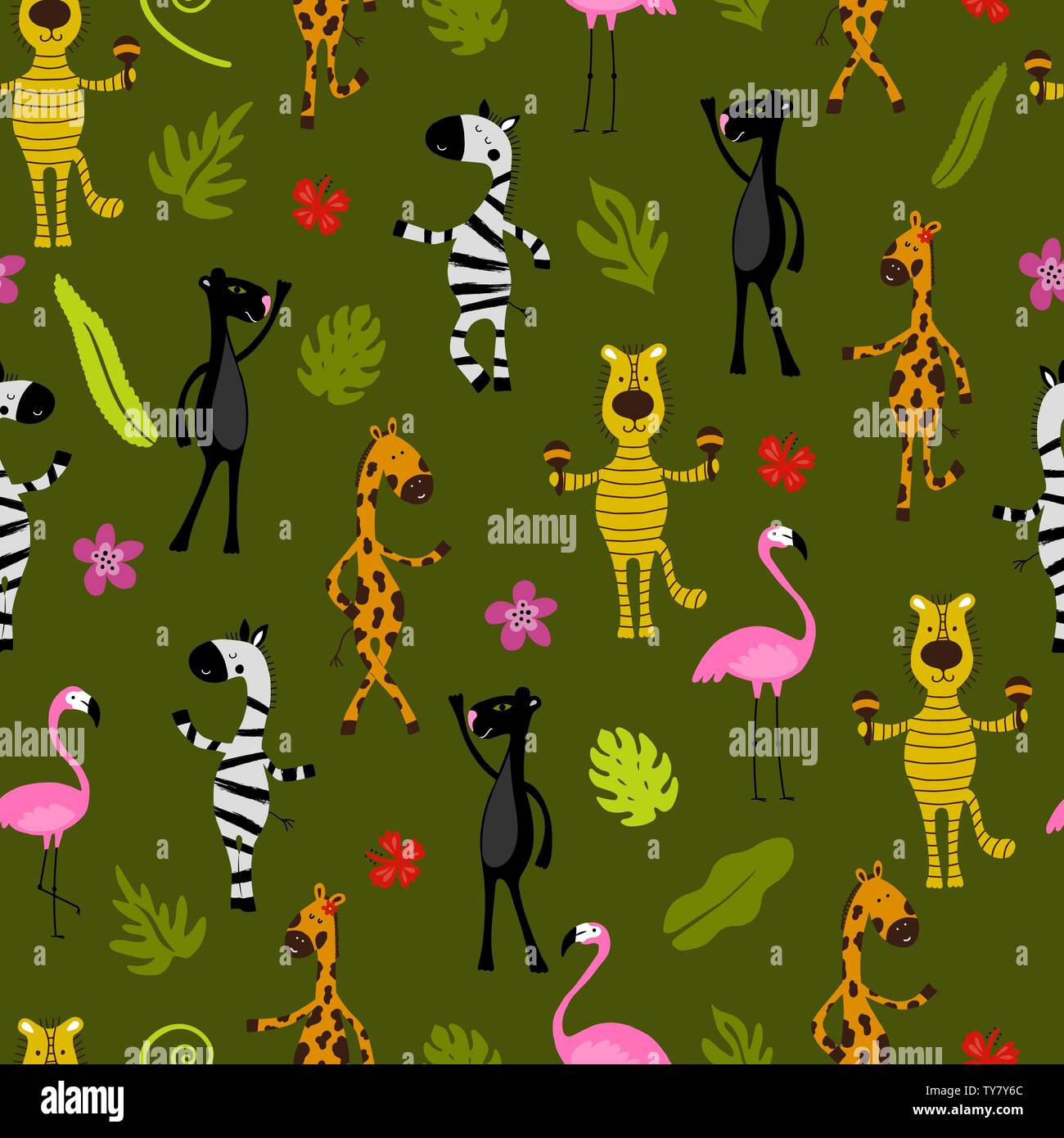 Seamless pattern with flamingo, giraffe, zebra, tiger, panther and palm ...