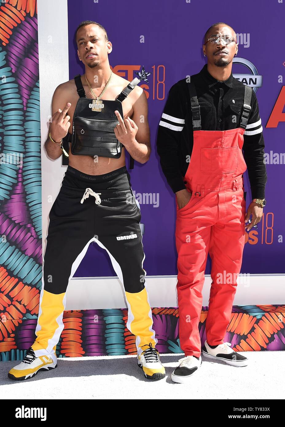 Rapper RJ (L) attends the 18th annual BET Awards at Microsoft Theater ...