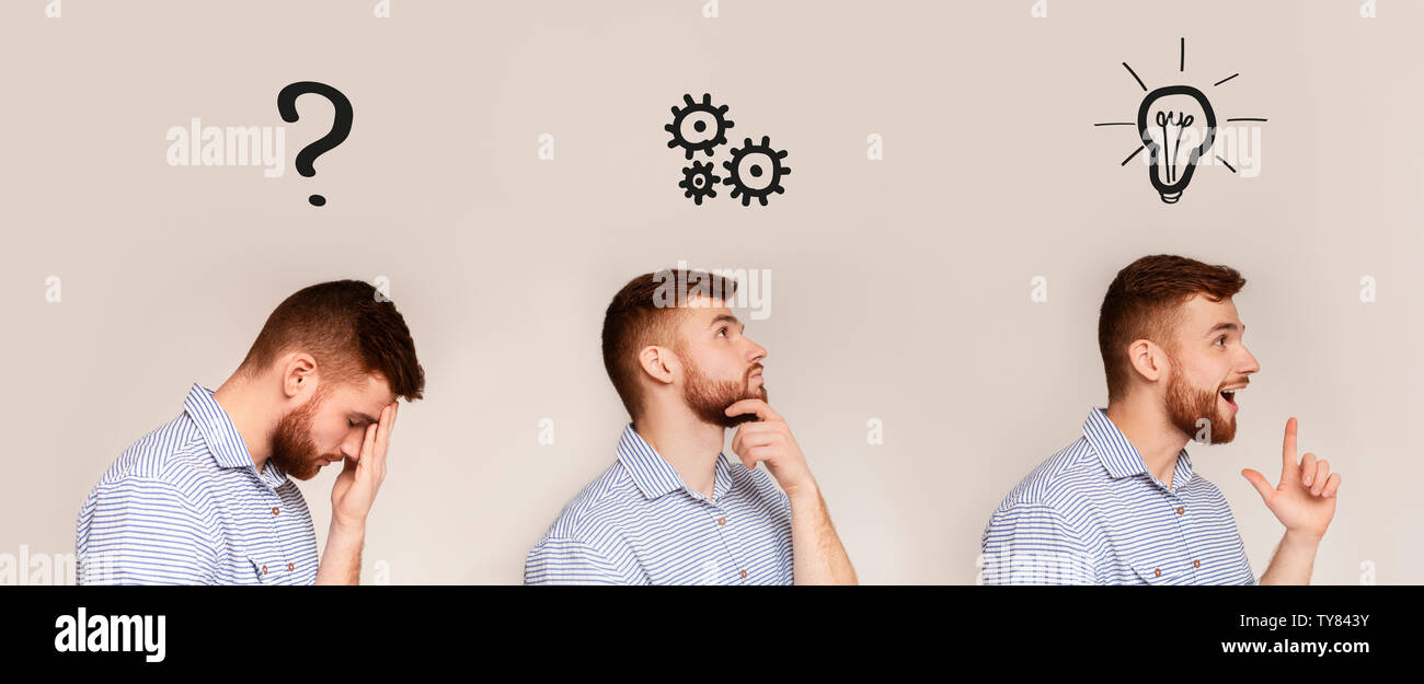Young man hard thinking and gather successful idea Stock Photo - Alamy