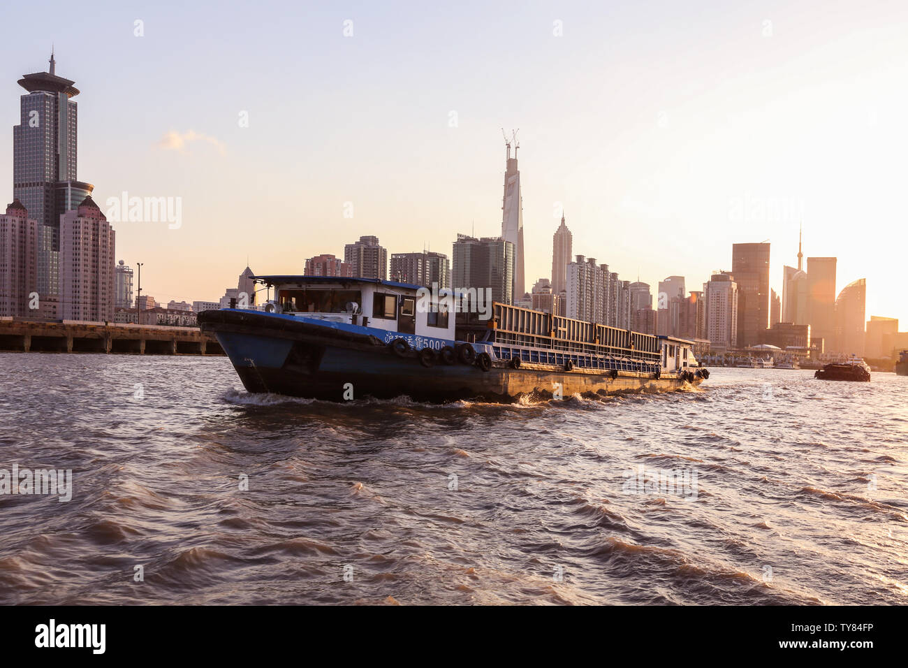 Domestic waste container transport sanitation ship travels on the ...