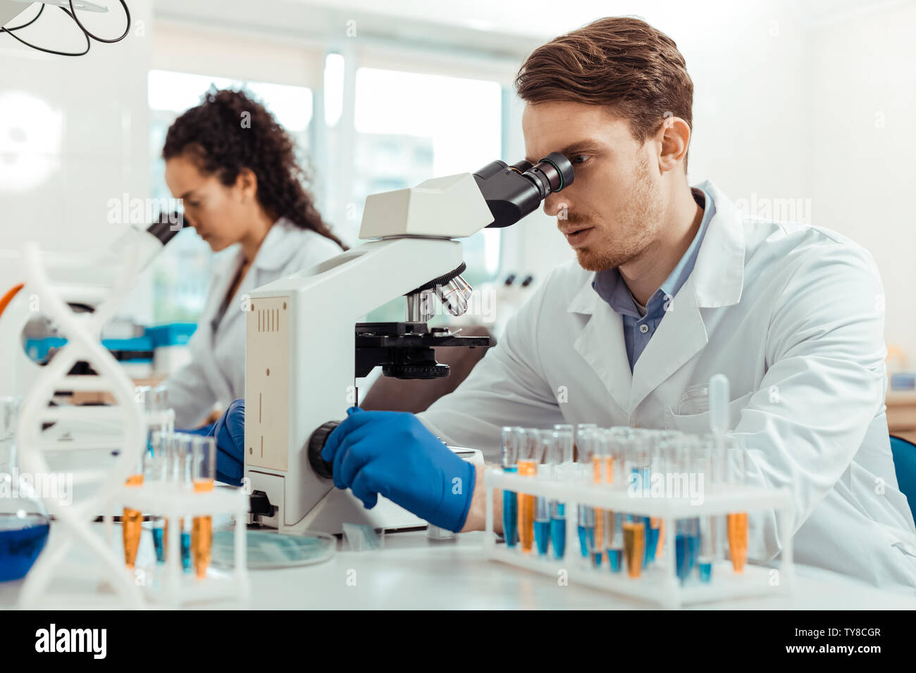 Handsome young man looking into the microscope Stock Photo - Alamy