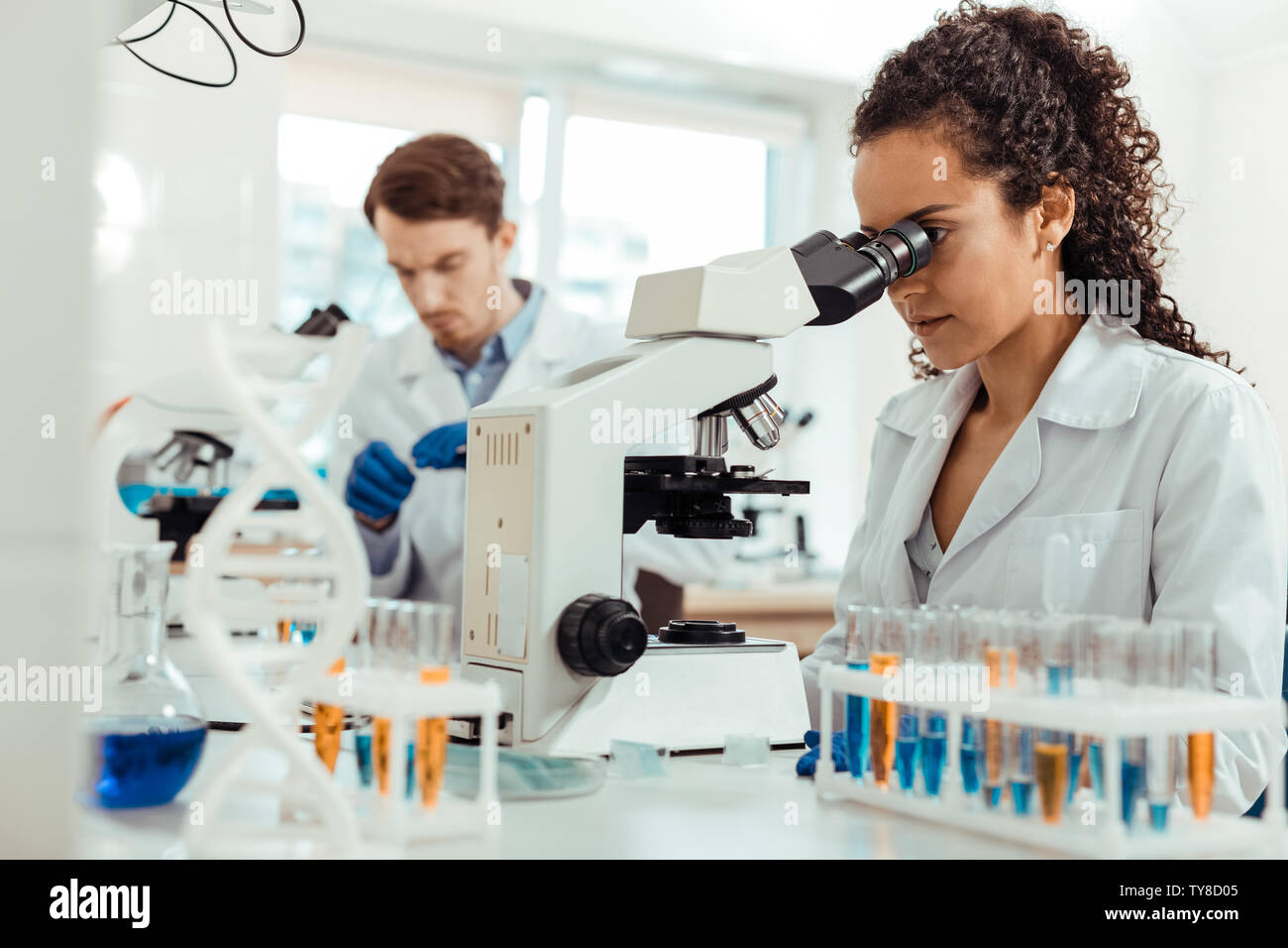 Smart female biologist looking into the microscope Stock Photo - Alamy