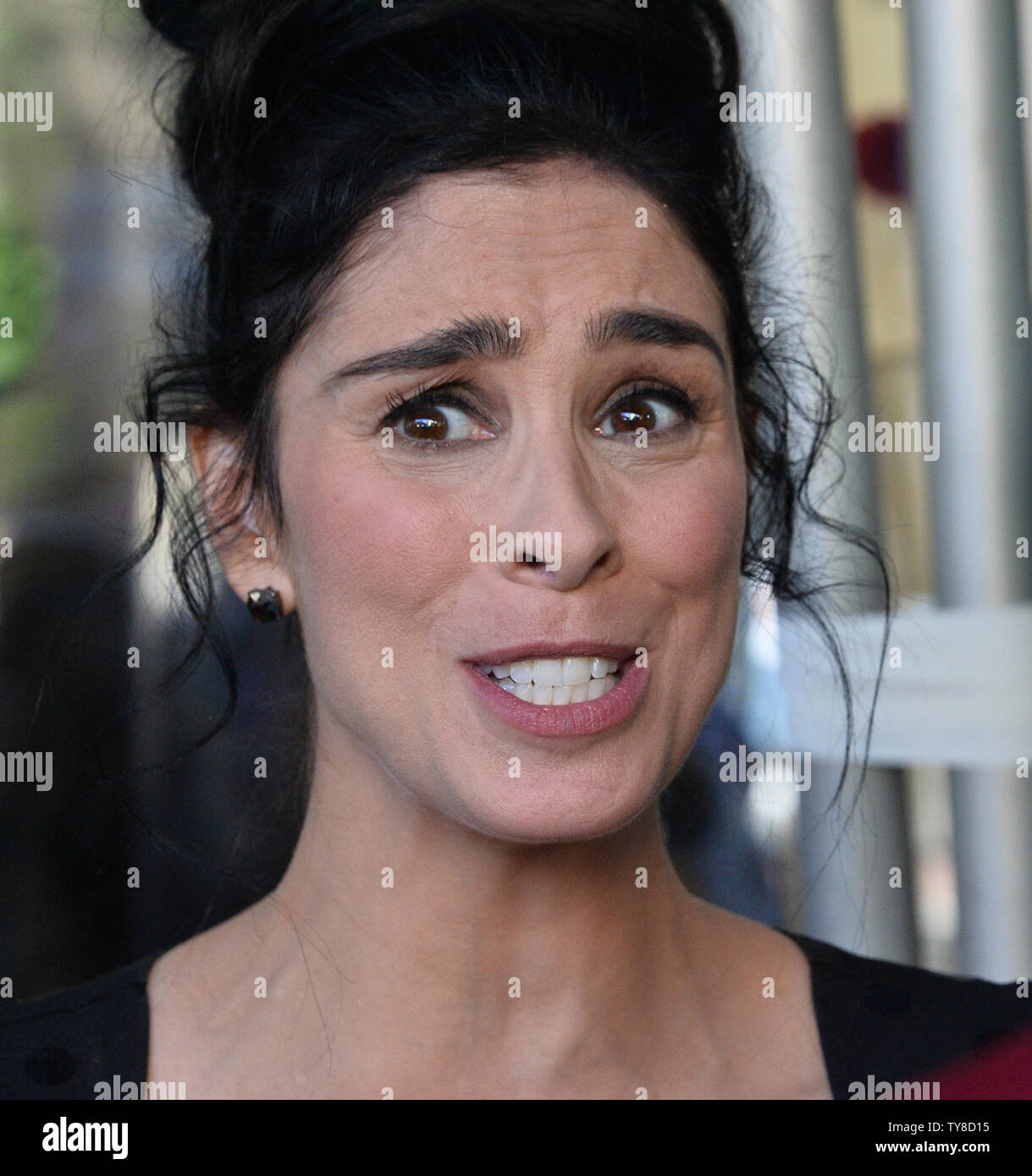 Actress and comedian Sarah Silverman speaks with reporters following an ...