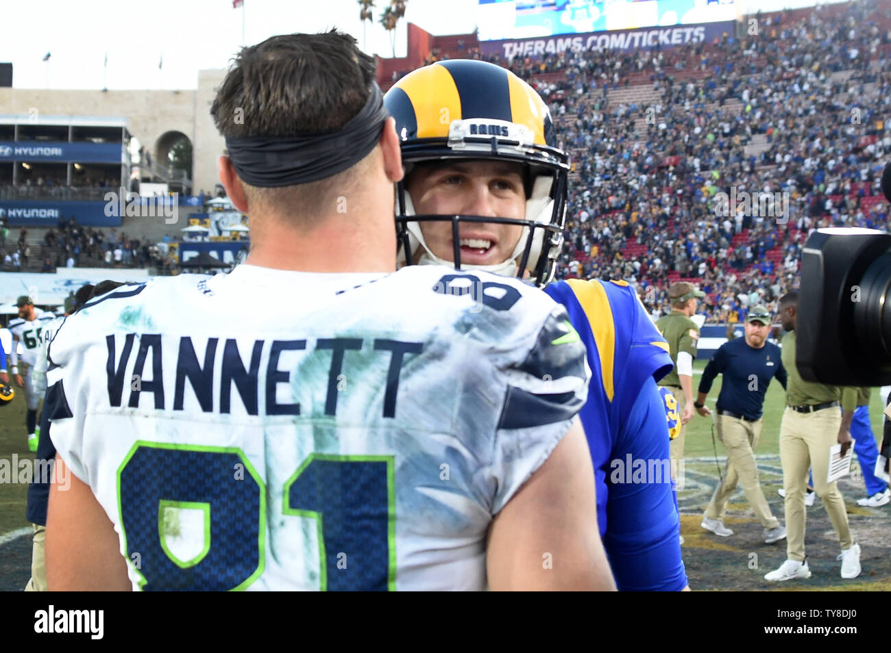 Rams Jared Goff hugs Seahawks Nick Vannett postgame in Los Angeles ...