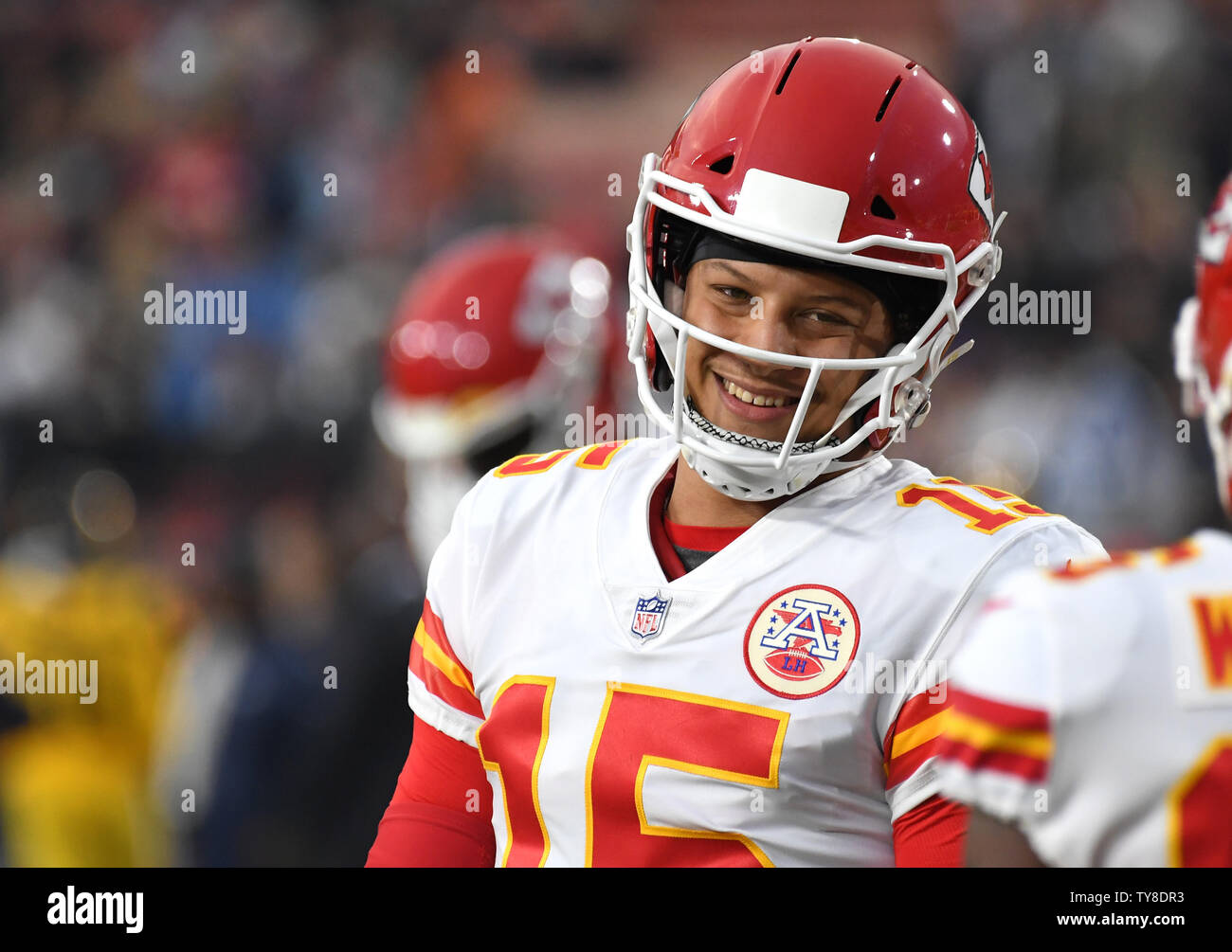 Chiefs quarterback Patrick Mahomes smiles prior to game against the ...