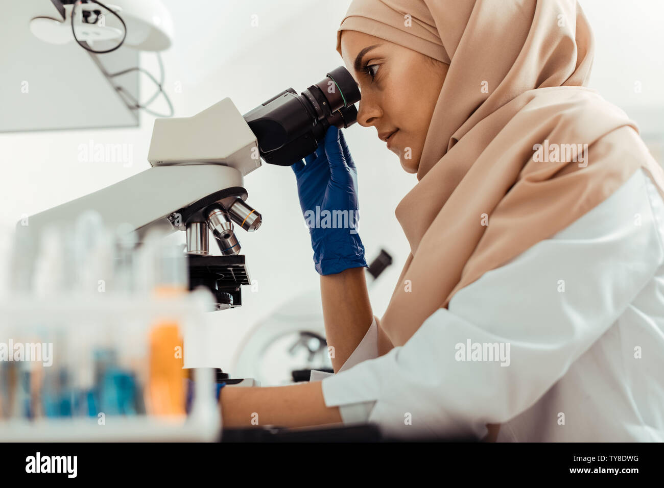 Woman studying samples through microscope hi-res stock photography and ...