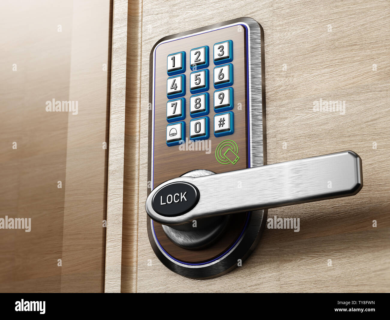 Digital security keypad and knob on door. 3D illustration Stock Photo ...