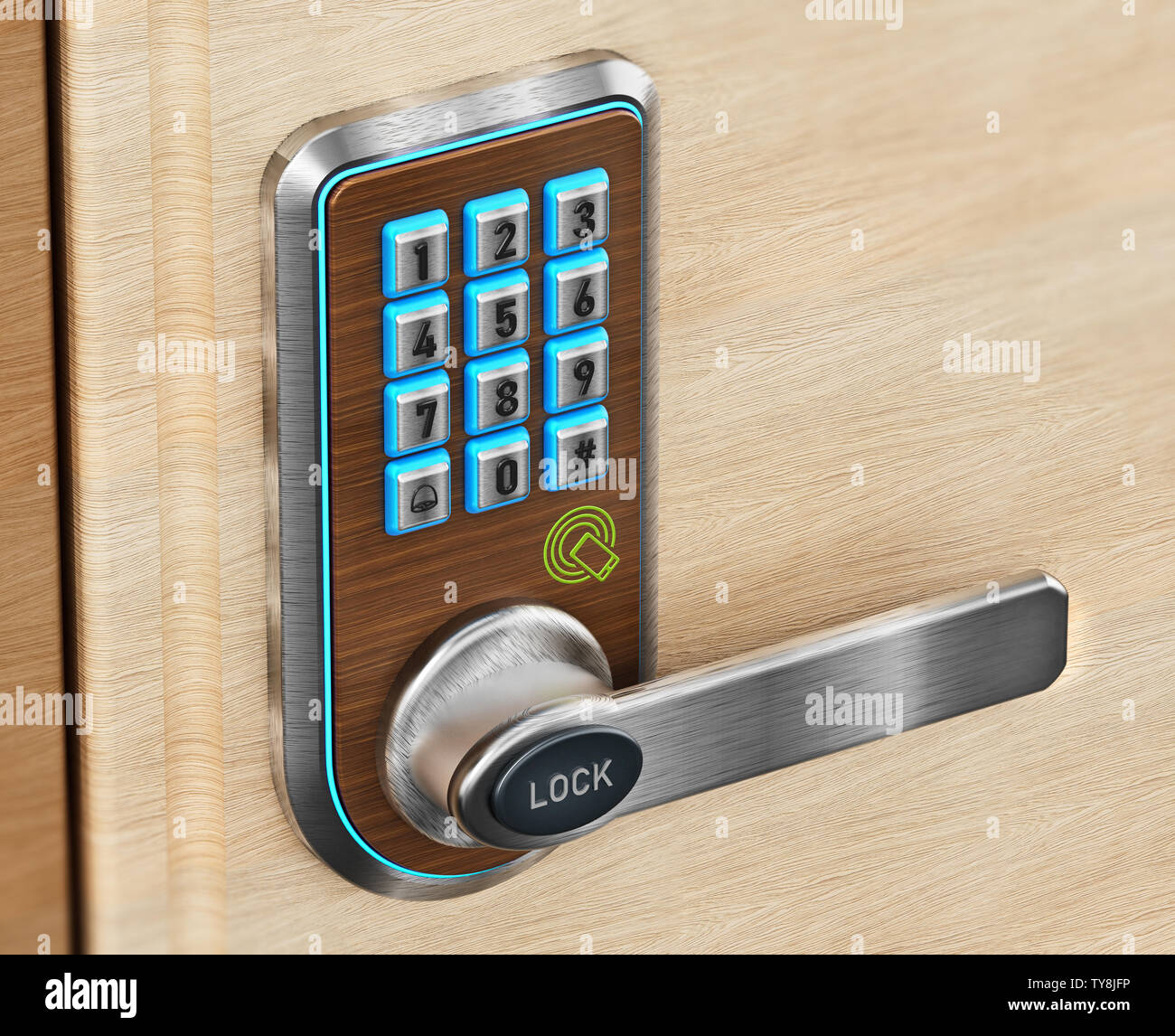 Digital security keypad and knob on door. 3D illustration Stock Photo ...