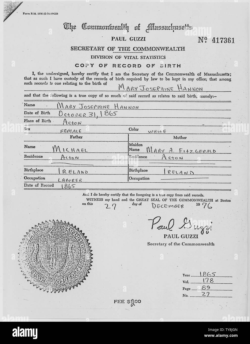 Mary Josephine Hannon's Record of Birth; Scope and content: Mary ...