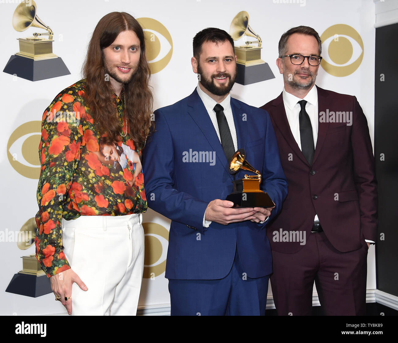 (L-R) Ludwig Goransson, Mike Bozzi and Riley Mackin appear backstage ...
