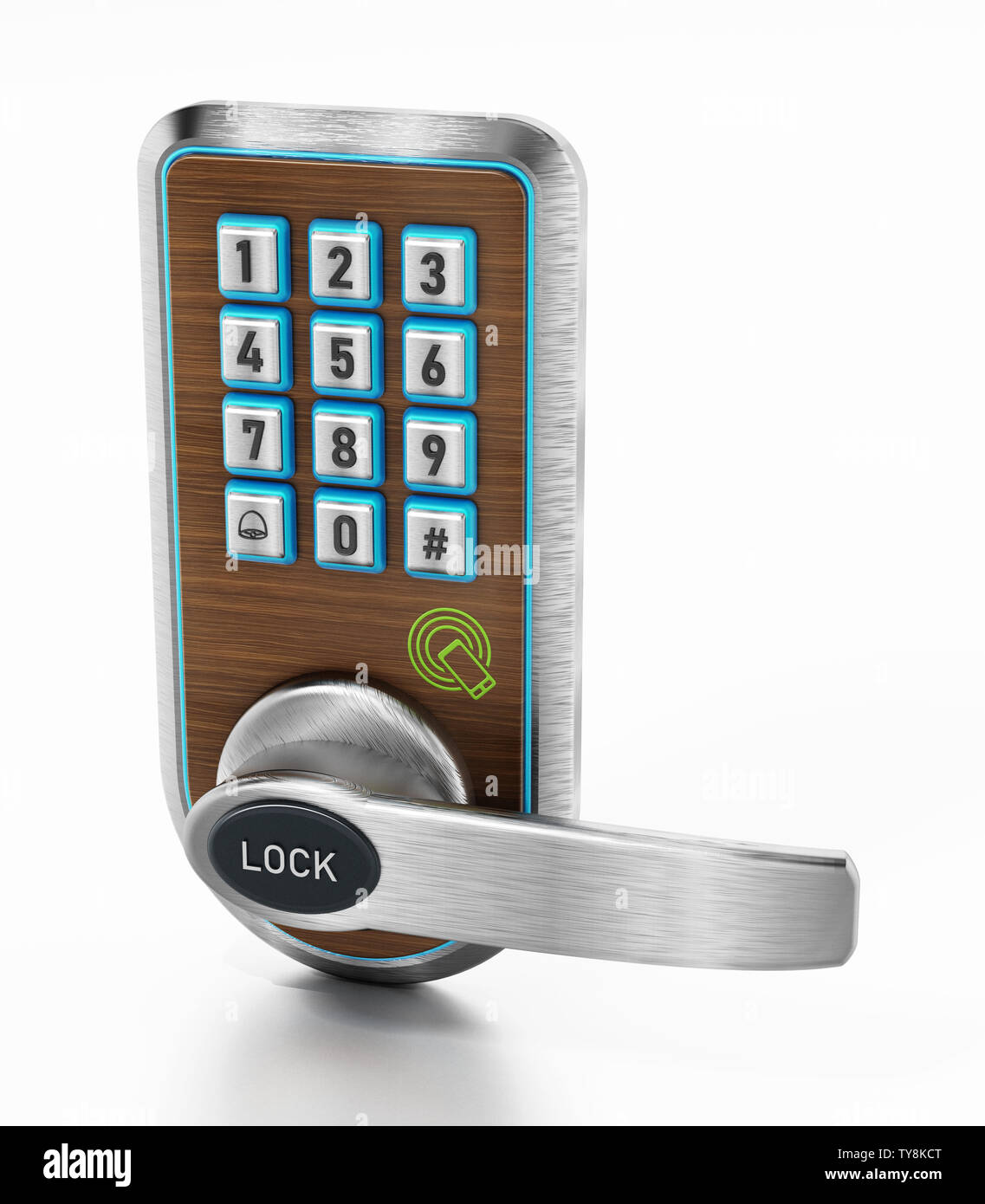 Digital security keypad and knob on door. 3D illustration Stock Photo ...