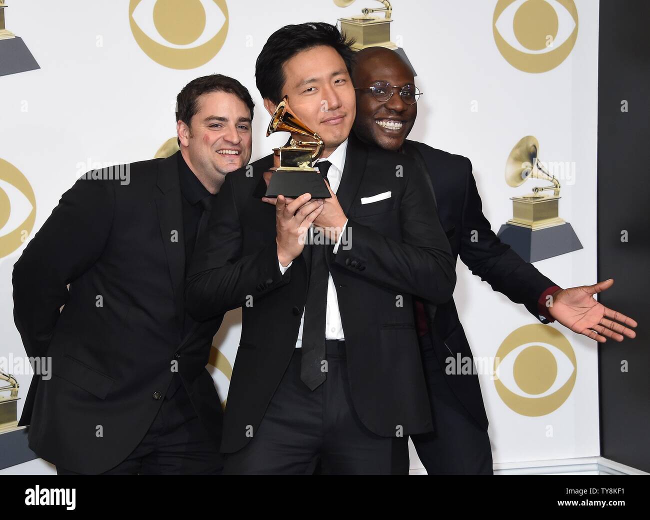 (L-R) Jason Cole, Hiro Murai and Ibra Ake appear backstage with their ...