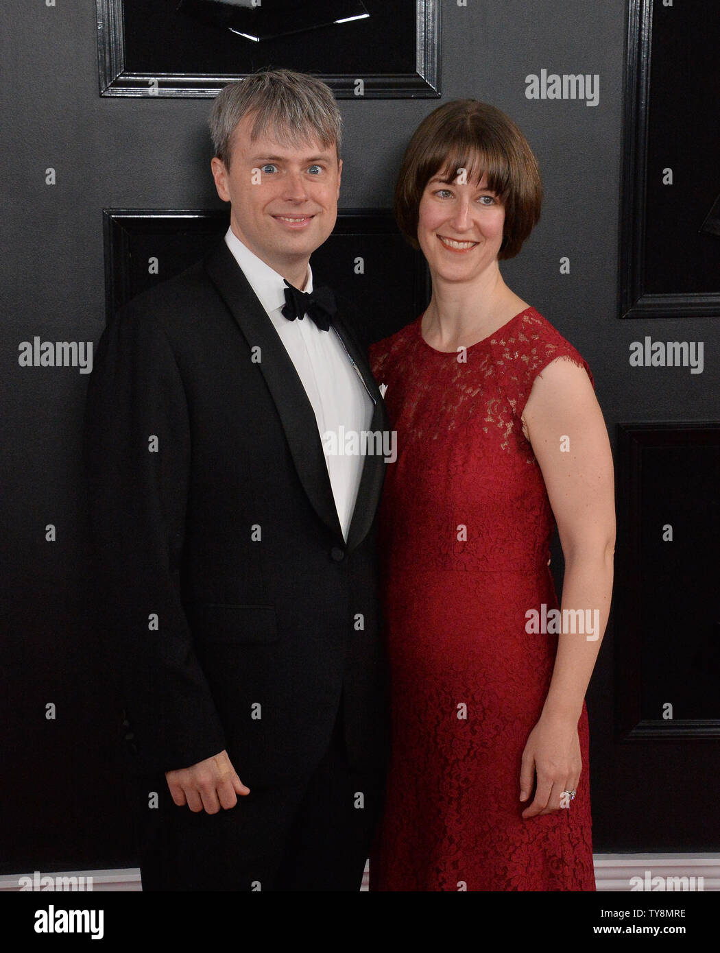 Matthew Guard (R) and guest arrive for the 61st annual Grammy Awards ...