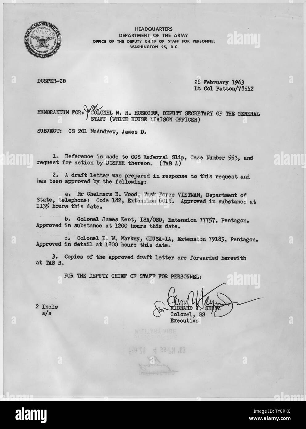Memorandum from Colonel Seitz to Colonel Hoskot Re: James McAndrew ...