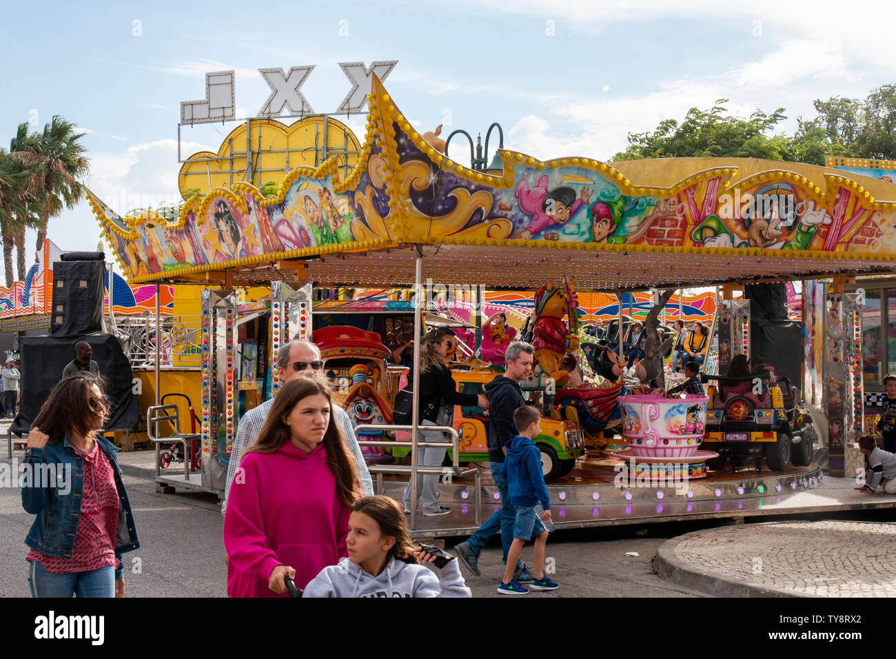 FARO, PORTUGAL - OCTOBER 2018: Fun fair event Santa Iria with games ...
