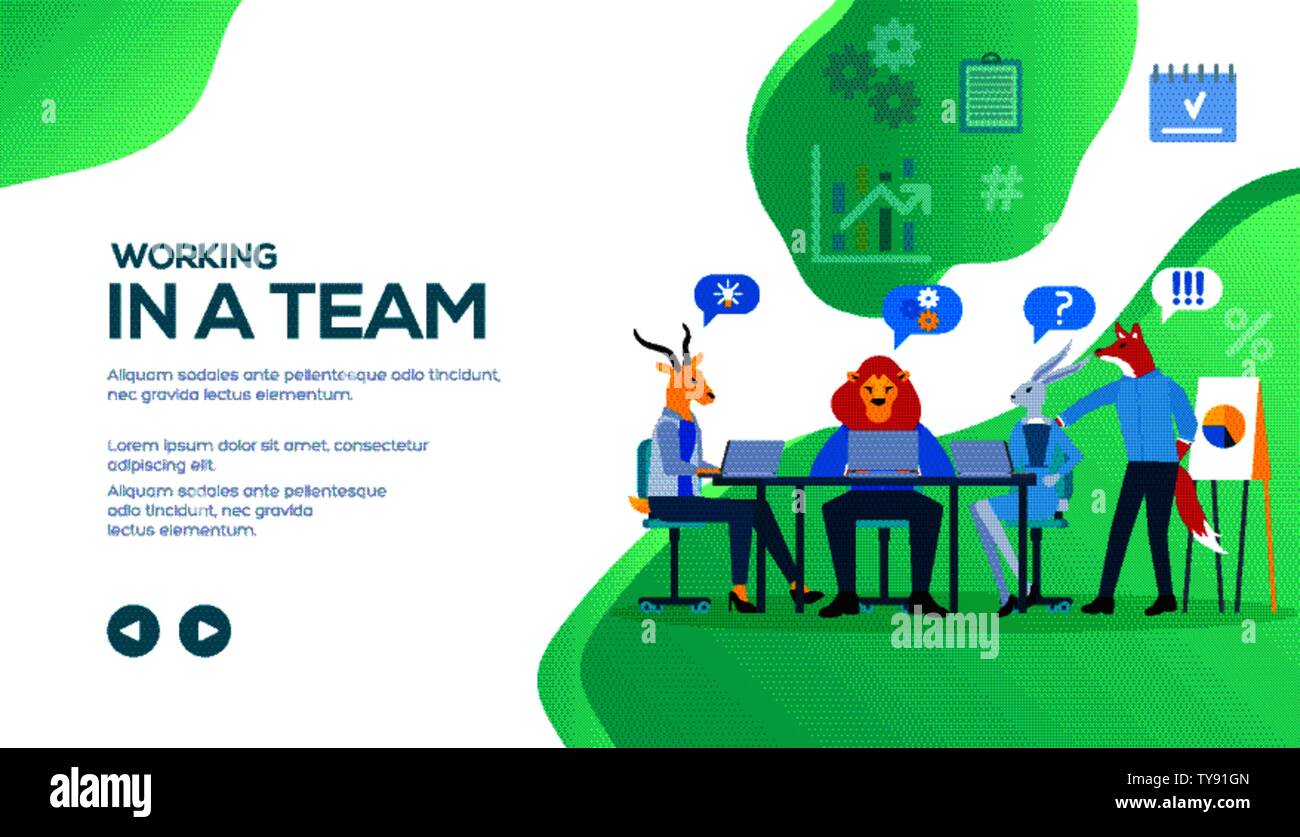 Business team: goat, lion, hare sitting at desk, discussing project ...